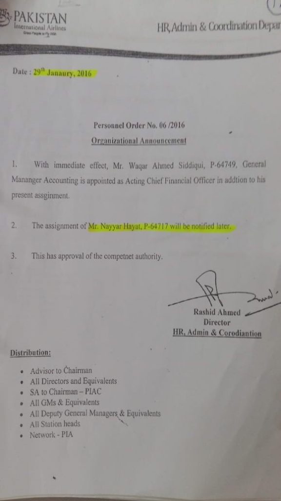 PIA removes CFO Nayyar Hayat from his post - Pakistan Aviation